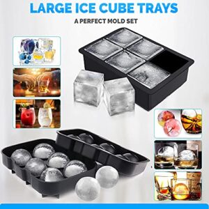 Ice Cube Trays Silicone (Set of 2) Whiskey Ice Ball Mold, Ice Ball Maker Mold, Round Ice Cube Mold, Sphere Ice Cube Mold, Square Large Ice Cube Tray for Cocktails & Bourbon - Easy Release BPA Free