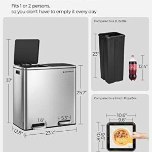 SONGMICS Trash Can, 2 x 8-Gallon Garbage Can for Kitchen, with 15 Trash Bags, 2 Compartments, Plastic Inner Buckets and Hinged Lids, Airtight, Silver and Black ULTB60NL