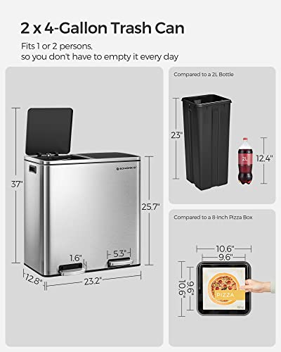 SONGMICS Trash Can, 2 x 8-Gallon Garbage Can for Kitchen, with 15 Trash Bags, 2 Compartments, Plastic Inner Buckets and Hinged Lids, Airtight, Silver and Black ULTB60NL