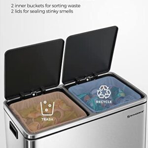 SONGMICS Trash Can, 2 x 8-Gallon Garbage Can for Kitchen, with 15 Trash Bags, 2 Compartments, Plastic Inner Buckets and Hinged Lids, Airtight, Silver and Black ULTB60NL