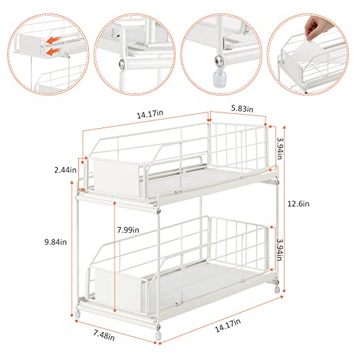 MOOACE 2 Tier Pull Out Cabinets Organizers and Storage, 2 Pack Multi-Purpose Slide-Out Under Sink Cabinet Organizer Shelf Baskets for Kitchen Bathroom Pantry Cabinet/Countertop, White