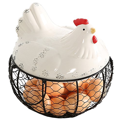 MyGift Black Metal Mesh Wire Egg Storage Basket with White Ceramic Farm Chicken Top Lid and Handles - Holds 30 Eggs