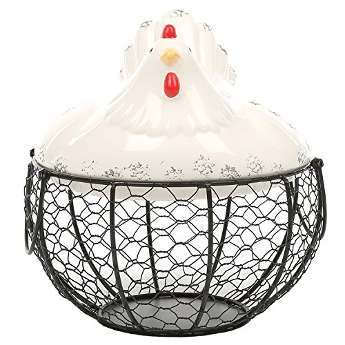 MyGift Black Metal Mesh Wire Egg Storage Basket with White Ceramic Farm Chicken Top Lid and Handles - Holds 30 Eggs