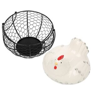 MyGift Black Metal Mesh Wire Egg Storage Basket with White Ceramic Farm Chicken Top Lid and Handles - Holds 30 Eggs