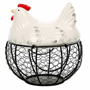 MyGift Black Metal Mesh Wire Egg Storage Basket with White Ceramic Farm Chicken Top Lid and Handles - Holds 30 Eggs