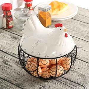 MyGift Black Metal Mesh Wire Egg Storage Basket with White Ceramic Farm Chicken Top Lid and Handles - Holds 30 Eggs