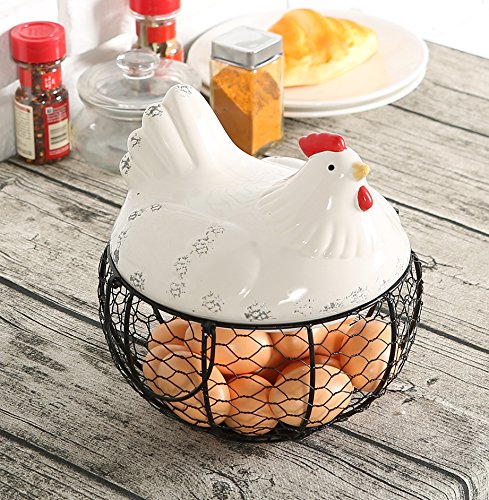 MyGift Black Metal Mesh Wire Egg Storage Basket with White Ceramic Farm Chicken Top Lid and Handles - Holds 30 Eggs