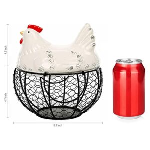 MyGift Black Metal Mesh Wire Egg Storage Basket with White Ceramic Farm Chicken Top Lid and Handles - Holds 30 Eggs