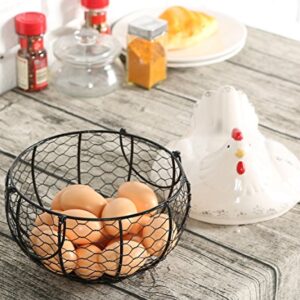 MyGift Black Metal Mesh Wire Egg Storage Basket with White Ceramic Farm Chicken Top Lid and Handles - Holds 30 Eggs