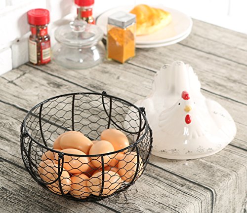 MyGift Black Metal Mesh Wire Egg Storage Basket with White Ceramic Farm Chicken Top Lid and Handles - Holds 30 Eggs