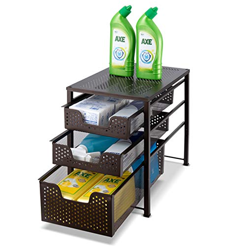 Bextsware Auledio Stackable Multi-Function Under Sink Organizer 3 Tier Sliding Basket Cabinet, Bronze