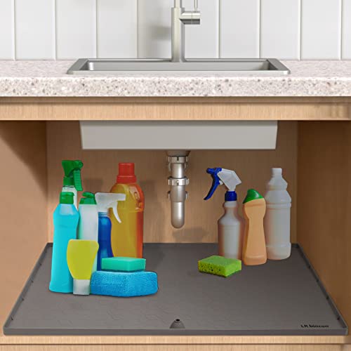 Under Sink Mats for Kitchen Waterproof - Thick 34" x 22" Under Sink Mat Silicone Under Sink Liner with Drain Hole，Under Sink Drip Tray for Kitchen Bathroom Cabinets (Grey)