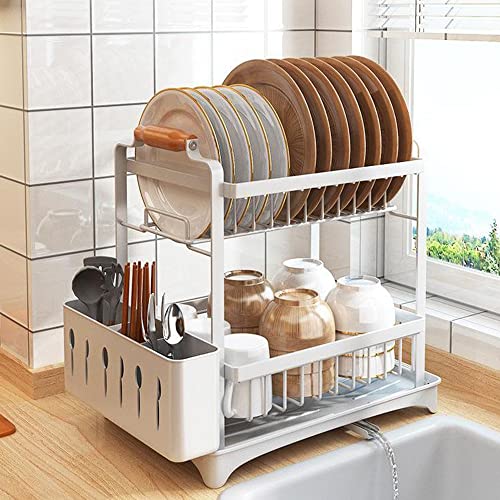 Alienustack Dish Drying Rack with Draining Plate, Dish Rack Cutlery Rack with Water Outlet, Stainless Steel Draining Rack for Kitchen Top - White