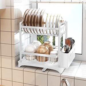 Alienustack Dish Drying Rack with Draining Plate, Dish Rack Cutlery Rack with Water Outlet, Stainless Steel Draining Rack for Kitchen Top - White