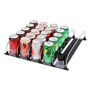 soda can organizer for refrigerator, beverage storage dispenser with spring loaded pusher glide, adjustable width 2.7~3.5in fridge drink water bottle holder display rack for kitchen, pantry, depth 16″