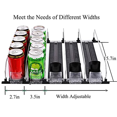 Soda Can Organizer for Refrigerator, Beverage Storage Dispenser with Spring Loaded Pusher Glide, Adjustable width 2.7~3.5in Fridge Drink Water Bottle Holder Display Rack for Kitchen, Pantry, Depth 16"