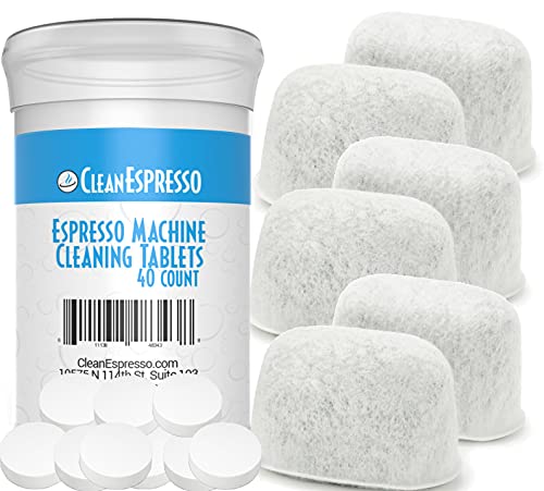 CleanEspresso Espresso Machine Cleaning Tablets and Filters For Breville Espresso Machines (40 Tablets + 6 Filters) - 2 Gram Cleaning Tablets & Replacement Water Filter - Espresso Cleaner Accessories