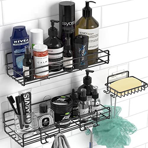 Moforoco 3-Pack Shower Caddy Basket Shelf with Soap Holder, No Drilling Traceless Adhesive Shower Wall Shelves, Rustproof Black Bathroom Shower Storage Organizer…