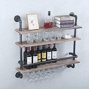 Industrial Pipe Shelf Wine Rack Wall Mounted with 9 Stem Glass Holder,36in Real Wood Shelves Kitchen Wall Shelf Unit,3-Tiers Rustic Floating Bar Shelves Wine Shelf,Steam Punk Pipe Shelving Glass Rack