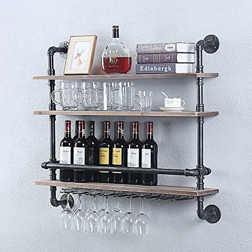 Industrial Pipe Shelf Wine Rack Wall Mounted with 9 Stem Glass Holder,36in Real Wood Shelves Kitchen Wall Shelf Unit,3-Tiers Rustic Floating Bar Shelves Wine Shelf,Steam Punk Pipe Shelving Glass Rack