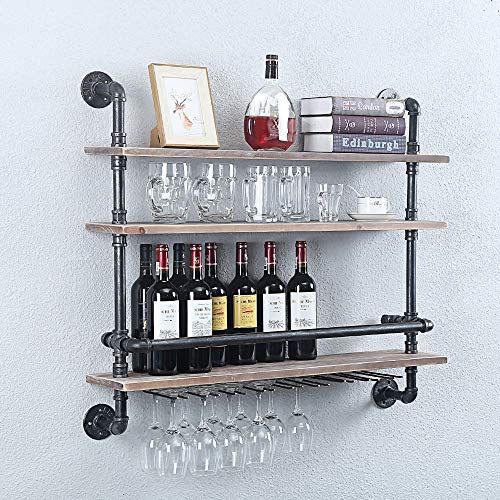 Industrial Pipe Shelf Wine Rack Wall Mounted with 9 Stem Glass Holder,36in Real Wood Shelves Kitchen Wall Shelf Unit,3-Tiers Rustic Floating Bar Shelves Wine Shelf,Steam Punk Pipe Shelving Glass Rack