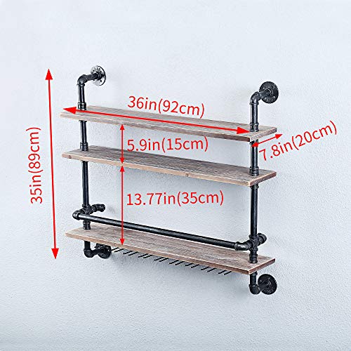 Industrial Pipe Shelf Wine Rack Wall Mounted with 9 Stem Glass Holder,36in Real Wood Shelves Kitchen Wall Shelf Unit,3-Tiers Rustic Floating Bar Shelves Wine Shelf,Steam Punk Pipe Shelving Glass Rack