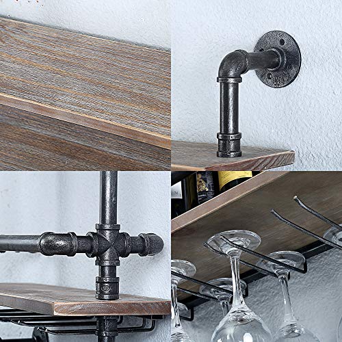 Industrial Pipe Shelf Wine Rack Wall Mounted with 9 Stem Glass Holder,36in Real Wood Shelves Kitchen Wall Shelf Unit,3-Tiers Rustic Floating Bar Shelves Wine Shelf,Steam Punk Pipe Shelving Glass Rack