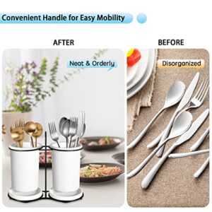 KOLIPI Silverware Holder White Ceramic Silverware Caddy with Metal Rack, Utensil Holder Flatware Caddy Spoon Holder Cutlery Storage Organizer for Countertop, Cabinet or Pantry