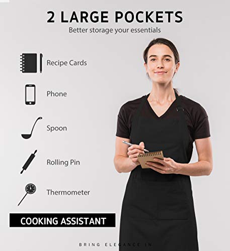 Syntus 2 Pack Adjustable Bib Apron Waterdrop Resistant with 2 Pockets Cooking Kitchen Aprons for Women Men Chef, Black