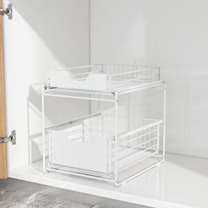 TidyEasy 2-Tier Under Sink Organizer with Sliding Storage Drawer,Pull Out Steel Basket with Simple Gear, Kitchen Bathroom Cabinet Storage (White)