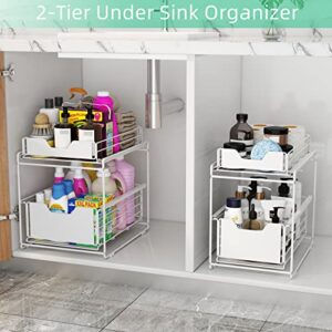 TidyEasy 2-Tier Under Sink Organizer with Sliding Storage Drawer,Pull Out Steel Basket with Simple Gear, Kitchen Bathroom Cabinet Storage (White)