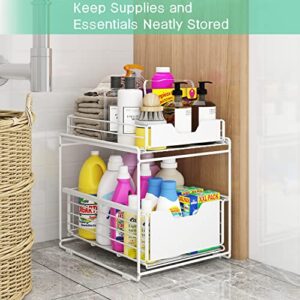 TidyEasy 2-Tier Under Sink Organizer with Sliding Storage Drawer,Pull Out Steel Basket with Simple Gear, Kitchen Bathroom Cabinet Storage (White)