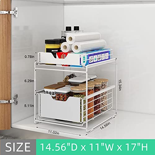 TidyEasy 2-Tier Under Sink Organizer with Sliding Storage Drawer,Pull Out Steel Basket with Simple Gear, Kitchen Bathroom Cabinet Storage (White)