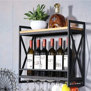 myoyay industrial wine racks wall mounted 23.6in industrial pipe shelf with 5 stem glass holder 2 tier rustic metal hanging wine holder wood shelves wall shelf