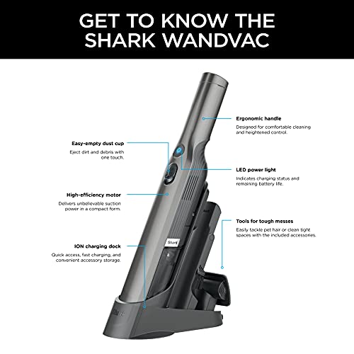 Shark WV201 WANDVAC Handheld Vacuum, Lightweight at 1.4 Pounds with Powerful Suction, Charging Dock, Single Touch Empty and Detachable Dust Cup