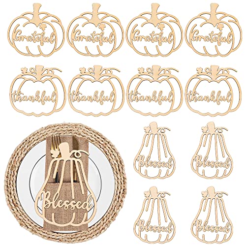 Fall Plate Decor 12 Pieces Pumpkin Wood Cutouts Thanksgiving Table Setting Wooden Word Cards with 12 PCS Burlap Cutlery Pouch Bags for Holiday Harvest Utensil Home Party Decor