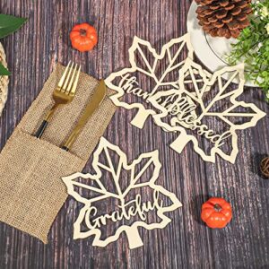 Fall Plate Decor 12 Pieces Pumpkin Wood Cutouts Thanksgiving Table Setting Wooden Word Cards with 12 PCS Burlap Cutlery Pouch Bags for Holiday Harvest Utensil Home Party Decor