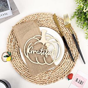 Fall Plate Decor 12 Pieces Pumpkin Wood Cutouts Thanksgiving Table Setting Wooden Word Cards with 12 PCS Burlap Cutlery Pouch Bags for Holiday Harvest Utensil Home Party Decor