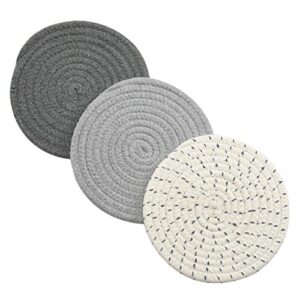 potholders set trivets set 100% pure cotton thread weave hot pot holders set (set of 3) stylish coasters, hot pads, hot mats,spoon rest for cooking and baking by diameter 7 inches (gray)