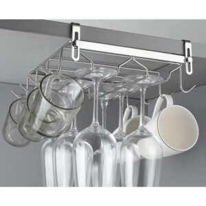 coffee mug holder & adjustable wine glasses rack under cabinet stemware rack ，304 stainless steel stemware rack， nail free wine glass holder glasses storage hanger organizer for bar kitchen