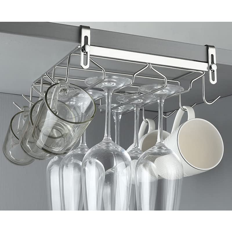 Coffee Mug Holder & Adjustable Wine Glasses Rack Under Cabinet Stemware Rack ，304 Stainless Steel Stemware Rack， Nail Free Wine Glass Holder Glasses Storage Hanger Organizer for Bar Kitchen