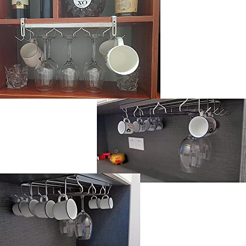 Coffee Mug Holder & Adjustable Wine Glasses Rack Under Cabinet Stemware Rack ，304 Stainless Steel Stemware Rack， Nail Free Wine Glass Holder Glasses Storage Hanger Organizer for Bar Kitchen