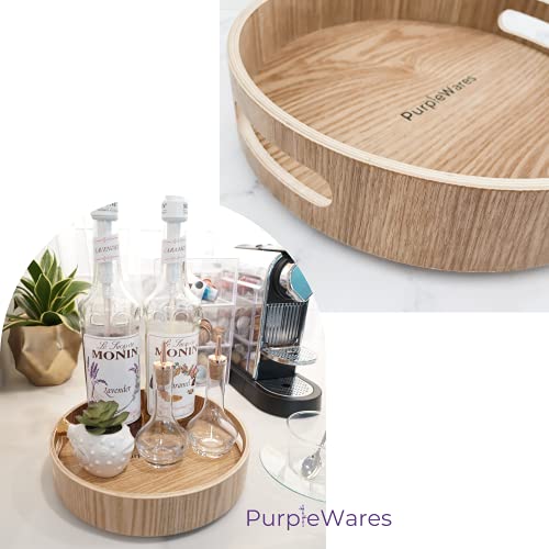 PurpleWares 12-inch Wood Lazy Susan – 360 Degree Rotating Natural Wooden Round Turntable Storage Serving Tray with Cut-out Handles for Kitchen, Pantry, Cabinet and Makeup Organization