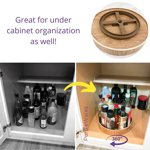 PurpleWares 12-inch Wood Lazy Susan – 360 Degree Rotating Natural Wooden Round Turntable Storage Serving Tray with Cut-out Handles for Kitchen, Pantry, Cabinet and Makeup Organization