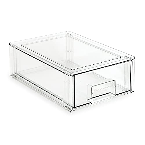 Isaac Jacobs Medium Stackable Organizer Drawer (12.5” x 8.3” x 4.1”), Clear Plastic Storage Box, Pull-Out Bin, Home, Office, Closet & Shoe Organization, BPA-Free, Food / Fridge / Freezer Safe (Medium)