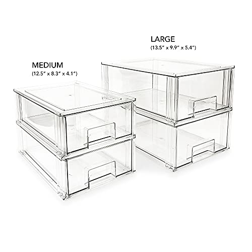 Isaac Jacobs Medium Stackable Organizer Drawer (12.5” x 8.3” x 4.1”), Clear Plastic Storage Box, Pull-Out Bin, Home, Office, Closet & Shoe Organization, BPA-Free, Food / Fridge / Freezer Safe (Medium)