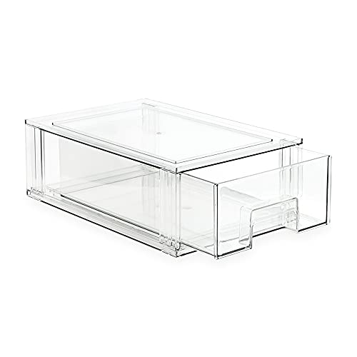 Isaac Jacobs Medium Stackable Organizer Drawer (12.5” x 8.3” x 4.1”), Clear Plastic Storage Box, Pull-Out Bin, Home, Office, Closet & Shoe Organization, BPA-Free, Food / Fridge / Freezer Safe (Medium)