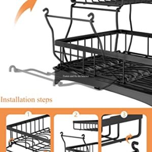 Dish Drying Rack with Drainboard,2-Tier Dish Racks for Kitchen Counter, Rustproof Drainer Set with Utensils Holder, Large Capacity Dish Strainers with Utensils Holder, Extra Drying Mat and Scrub Spong