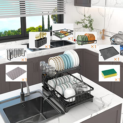 Dish Drying Rack with Drainboard,2-Tier Dish Racks for Kitchen Counter, Rustproof Drainer Set with Utensils Holder, Large Capacity Dish Strainers with Utensils Holder, Extra Drying Mat and Scrub Spong