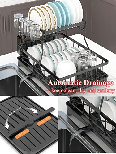 Dish Drying Rack with Drainboard,2-Tier Dish Racks for Kitchen Counter, Rustproof Drainer Set with Utensils Holder, Large Capacity Dish Strainers with Utensils Holder, Extra Drying Mat and Scrub Spong